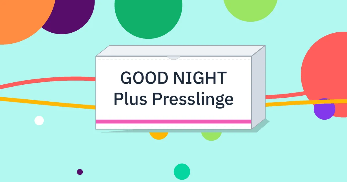 Symbolbild: Packung mit der Aufschrift GOOD NIGHT Plus Presslinge (PZN 14040322) – Verfügbarkeit und Bezug in Apotheken in Frankfurt am Main