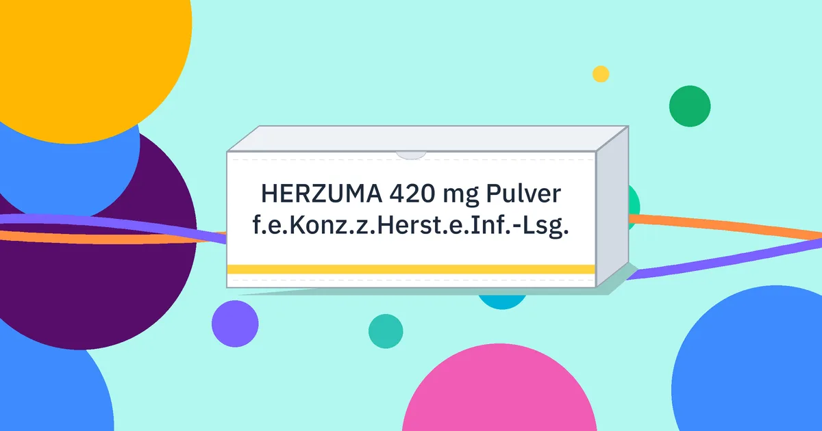Symbolbild: Packung mit der Aufschrift HERZUMA 420 mg Pulver f.e.Konz.z.Herst.e.Inf.-Lsg. (PZN 17216690) – Verfügbarkeit und Bezug in Apotheken in Frankfurt am Main