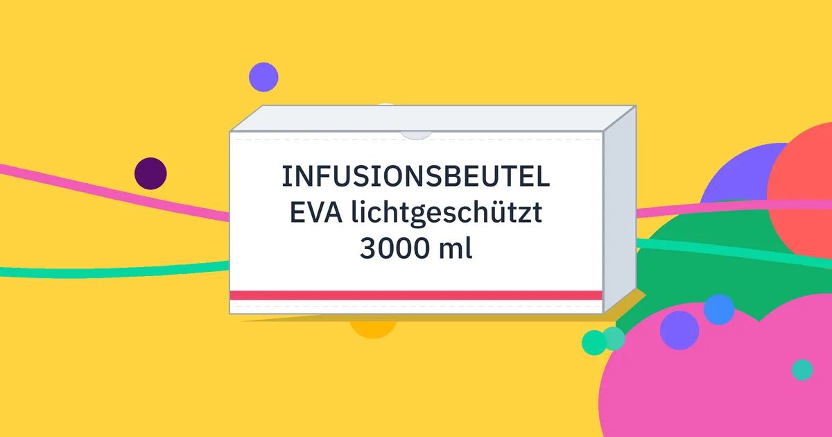 Symbolbild: Packung mit der Aufschrift INFUSIONSBEUTEL EVA lichtgeschützt 3000 ml (PZN 18134379) – Verfügbarkeit und Bezug in Apotheken in Frankfurt am Main