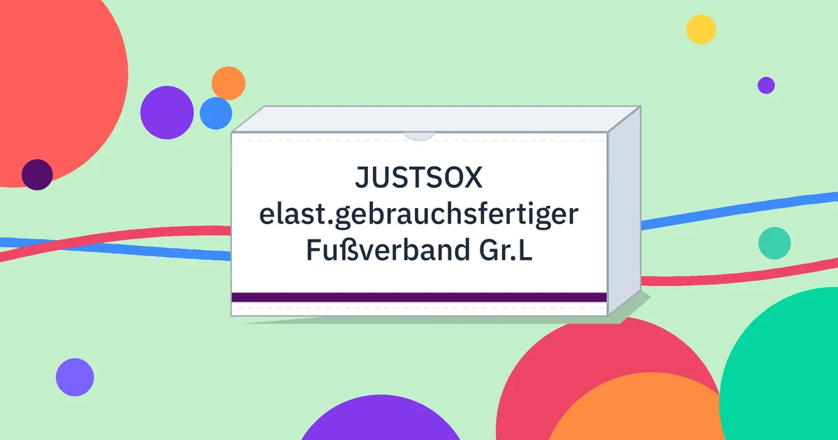 Symbolbild: Packung mit der Aufschrift JUSTSOX elast.gebrauchsfertiger Fußverband Gr.L (PZN 20130302) – Verfügbarkeit und Bezug in Apotheken in Frankfurt am Main