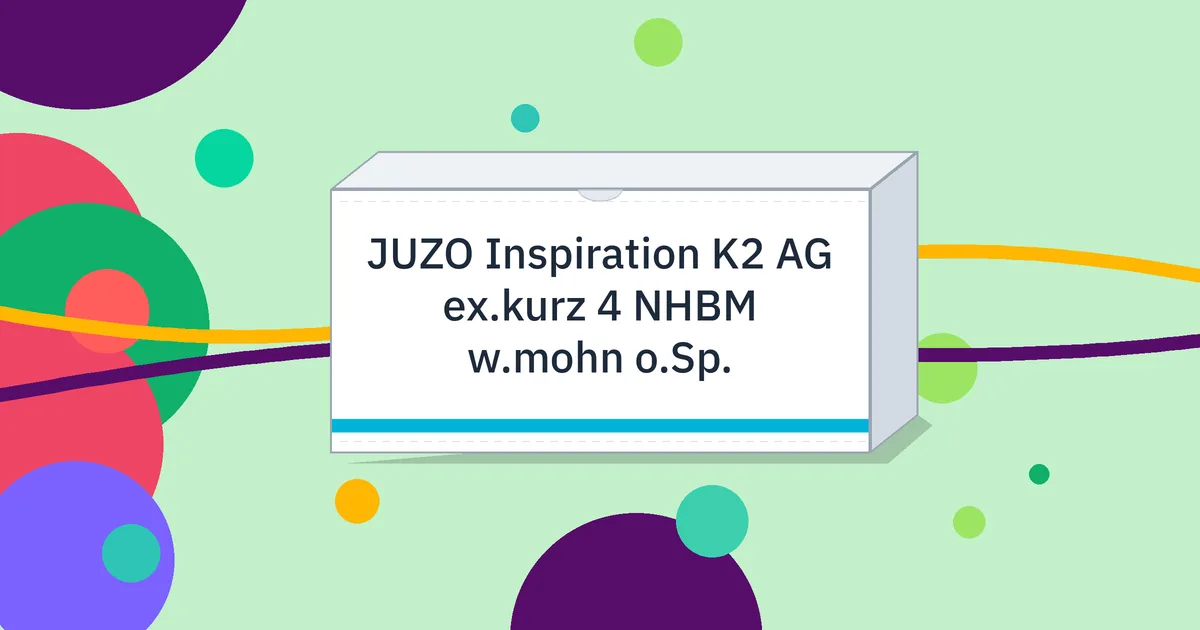 Symbolbild: Packung mit der Aufschrift JUZO Inspiration K2 AG ex.kurz 4 NHBM w.mohn o.Sp. (PZN 14951667) – Verfügbarkeit und Bezug in Apotheken in Frankfurt am Main
