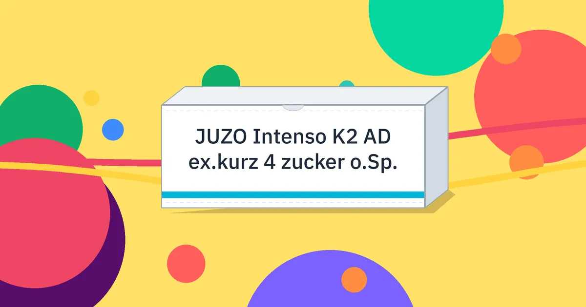 Symbolbild: Packung mit der Aufschrift JUZO Intenso K2 AD ex.kurz 4 zucker o.Sp. (PZN 18618373) – Verfügbarkeit und Bezug in Apotheken in Frankfurt am Main