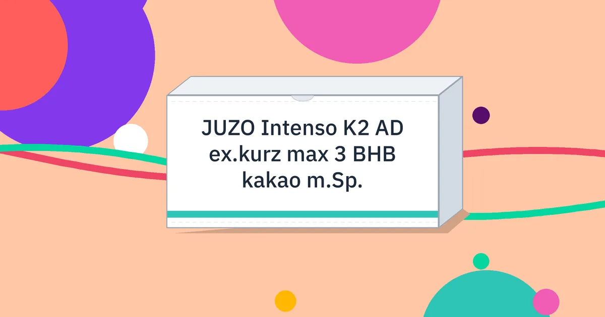 Symbolbild: Packung mit der Aufschrift JUZO Intenso K2 AD ex.kurz max 3 BHB kakao m.Sp. (PZN 18614197) – Verfügbarkeit und Bezug in Apotheken in Frankfurt am Main