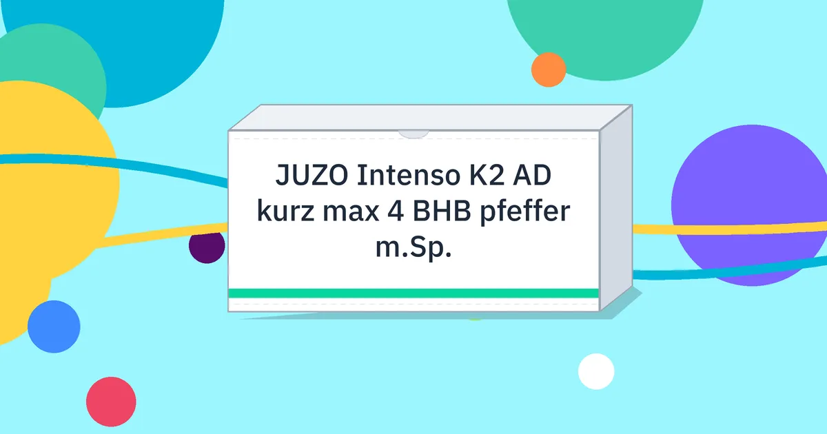 Symbolbild: Packung mit der Aufschrift JUZO Intenso K2 AD kurz max 4 BHB pfeffer m.Sp. (PZN 18615535) – Verfügbarkeit und Bezug in Apotheken in Frankfurt am Main