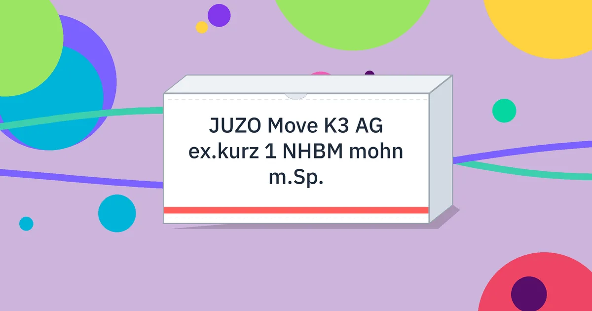 Symbolbild: Packung mit der Aufschrift JUZO Move K3 AG ex.kurz 1 NHBM mohn m.Sp. (PZN 18594566) – Verfügbarkeit und Bezug in Apotheken in Frankfurt am Main