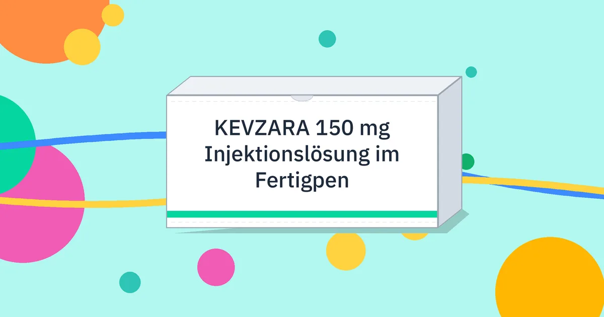 Symbolbild: Packung mit der Aufschrift KEVZARA 150 mg Injektionslösung im Fertigpen (PZN 19538848) – Verfügbarkeit und Bezug in Apotheken in Frankfurt am Main