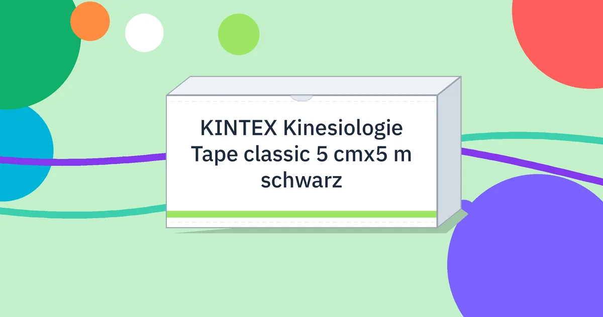 Symbolbild: Packung mit der Aufschrift KINTEX Kinesiologie Tape classic 5 cmx5 m schwarz (PZN 16779422) – Verfügbarkeit und Bezug in Apotheken in Frankfurt am Main