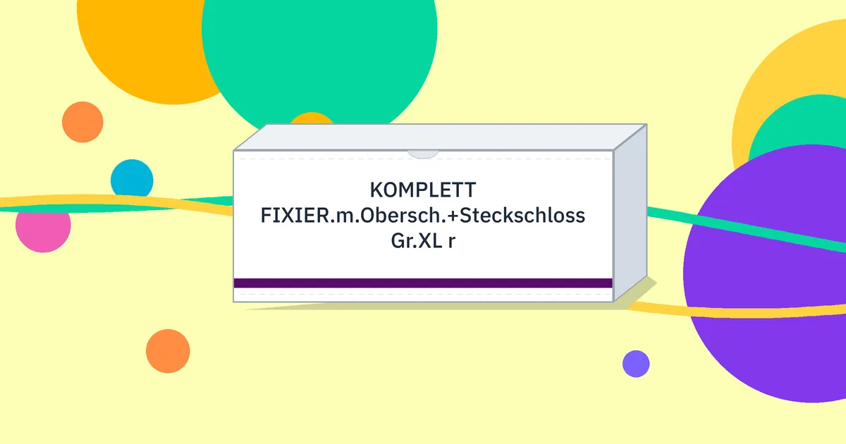 Symbolbild: Packung mit der Aufschrift KOMPLETT FIXIER.m.Obersch.+Steckschloss Gr.XL r (PZN 16014470) – Verfügbarkeit und Bezug in Apotheken in Frankfurt am Main