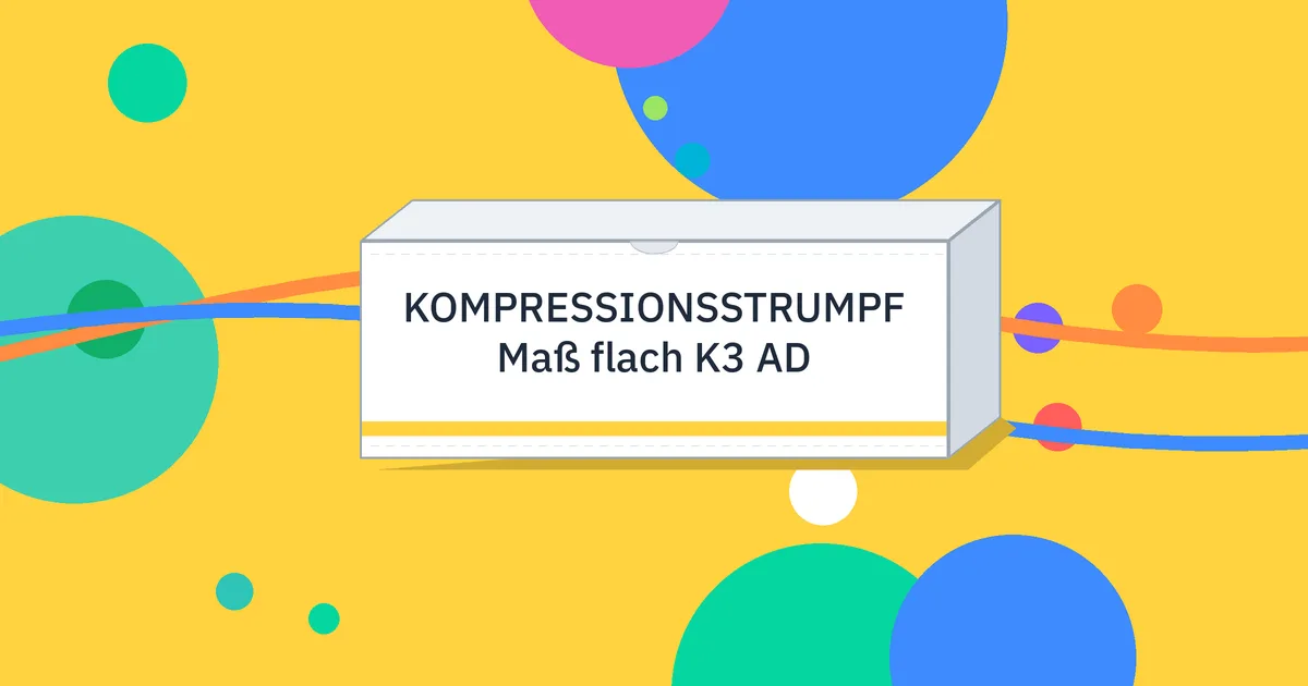 Symbolbild: Packung mit der Aufschrift KOMPRESSIONSSTRUMPF Maß flach K3 AD (PZN 16745038) – Verfügbarkeit und Bezug in Apotheken in Frankfurt am Main
