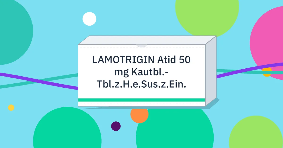 Symbolbild: Packung mit der Aufschrift LAMOTRIGIN Atid 50 mg Kautbl.-Tbl.z.H.e.Sus.z.Ein. (PZN 04306486) – Verfügbarkeit und Bezug in Apotheken in Frankfurt am Main