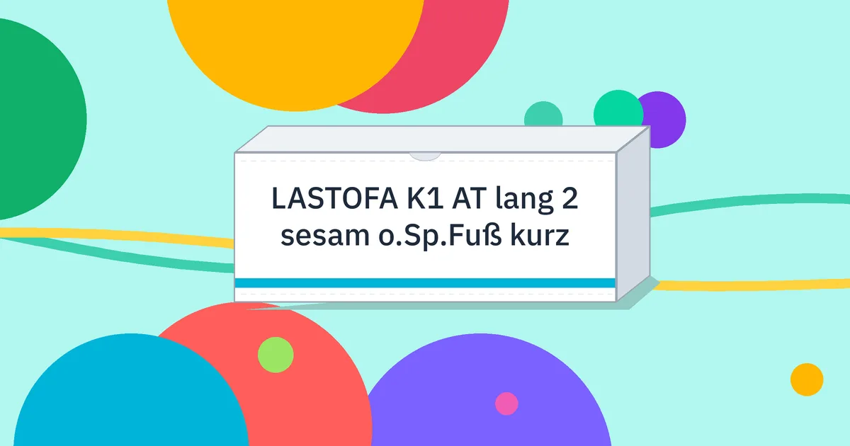 Symbolbild: Packung mit der Aufschrift LASTOFA K1 AT lang 2 sesam o.Sp.Fuß kurz (PZN 13795567) – Verfügbarkeit und Bezug in Apotheken in Frankfurt am Main