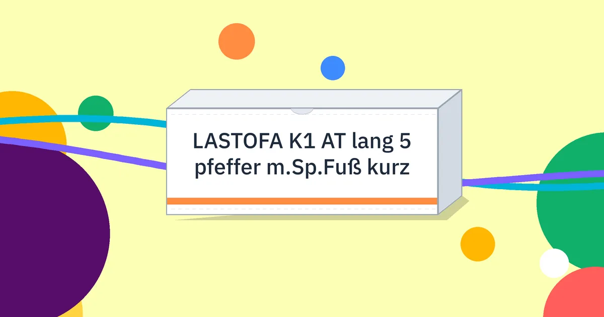 Symbolbild: Packung mit der Aufschrift LASTOFA K1 AT lang 5 pfeffer m.Sp.Fuß kurz (PZN 13796733) – Verfügbarkeit und Bezug in Apotheken in Frankfurt am Main
