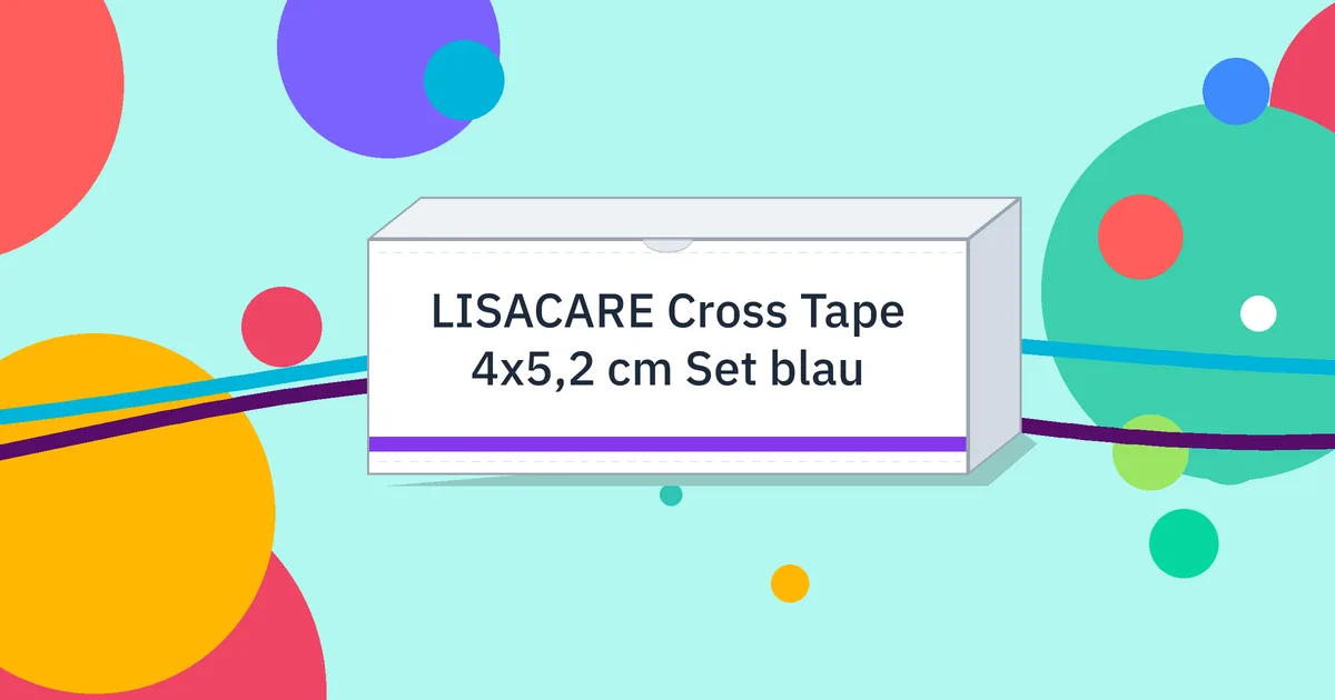Symbolbild: Packung mit der Aufschrift LISACARE Cross Tape 4x5,2 cm Set blau (PZN 18325168) – Verfügbarkeit und Bezug in Apotheken in Frankfurt am Main