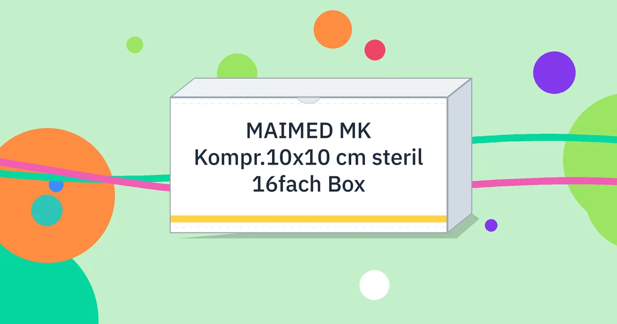 Symbolbild: Packung mit der Aufschrift MAIMED MK Kompr.10x10 cm steril 16fach Box (PZN 09207725) – Verfügbarkeit und Bezug in Apotheken in Frankfurt am Main