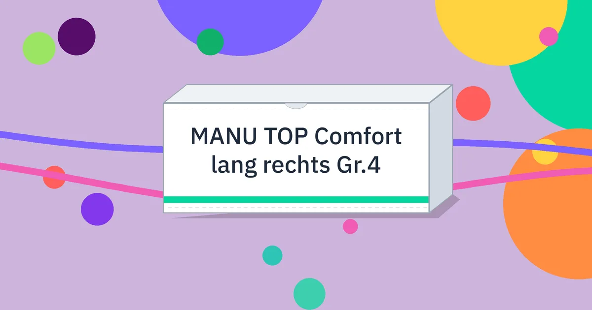 Symbolbild: Packung mit der Aufschrift MANU TOP Comfort lang rechts Gr.4 (PZN 02785181) – Verfügbarkeit und Bezug in Apotheken in Frankfurt am Main