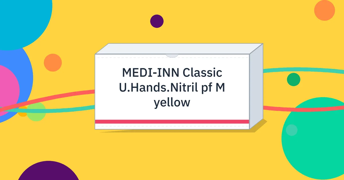 Symbolbild: Packung mit der Aufschrift MEDI-INN Classic U.Hands.Nitril pf M yellow (PZN 18445487) – Verfügbarkeit und Bezug in Apotheken in Frankfurt am Main