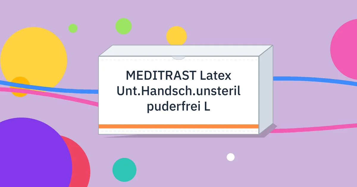 Symbolbild: Packung mit der Aufschrift MEDITRAST Latex Unt.Handsch.unsteril puderfrei L (PZN 13511073) – Verfügbarkeit und Bezug in Apotheken in Frankfurt am Main