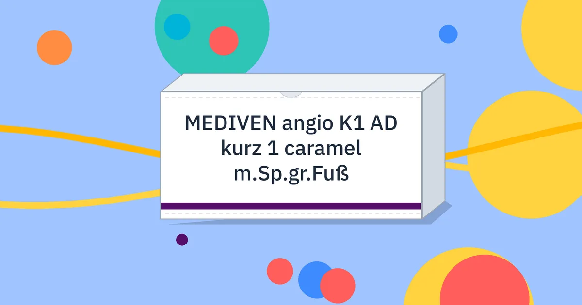 Symbolbild: Packung mit der Aufschrift MEDIVEN angio K1 AD kurz 1 caramel m.Sp.gr.Fuß (PZN 17210345) – Verfügbarkeit und Bezug in Apotheken in Frankfurt am Main