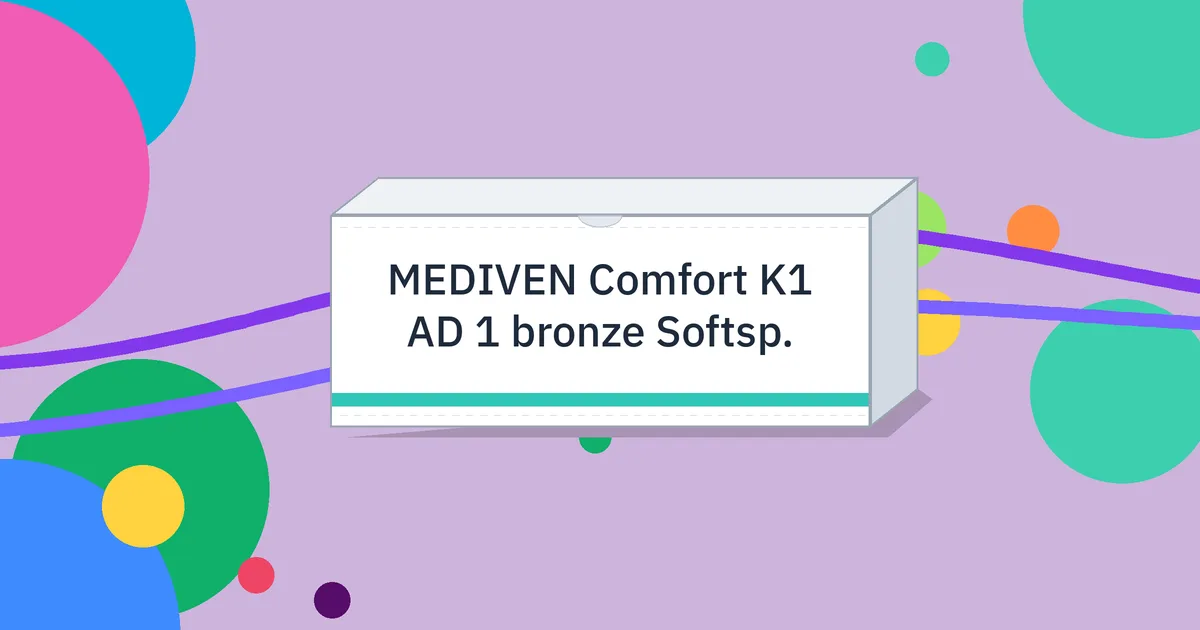 Symbolbild: Packung mit der Aufschrift MEDIVEN Comfort K1 AD 1 bronze Softsp. (PZN 14559231) – Verfügbarkeit und Bezug in Apotheken in Frankfurt am Main