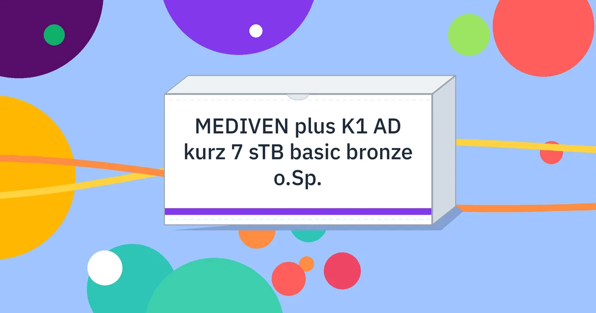 Symbolbild: Packung mit der Aufschrift MEDIVEN plus K1 AD kurz 7 sTB basic bronze o.Sp. (PZN 15047295) – Verfügbarkeit und Bezug in Apotheken in Frankfurt am Main