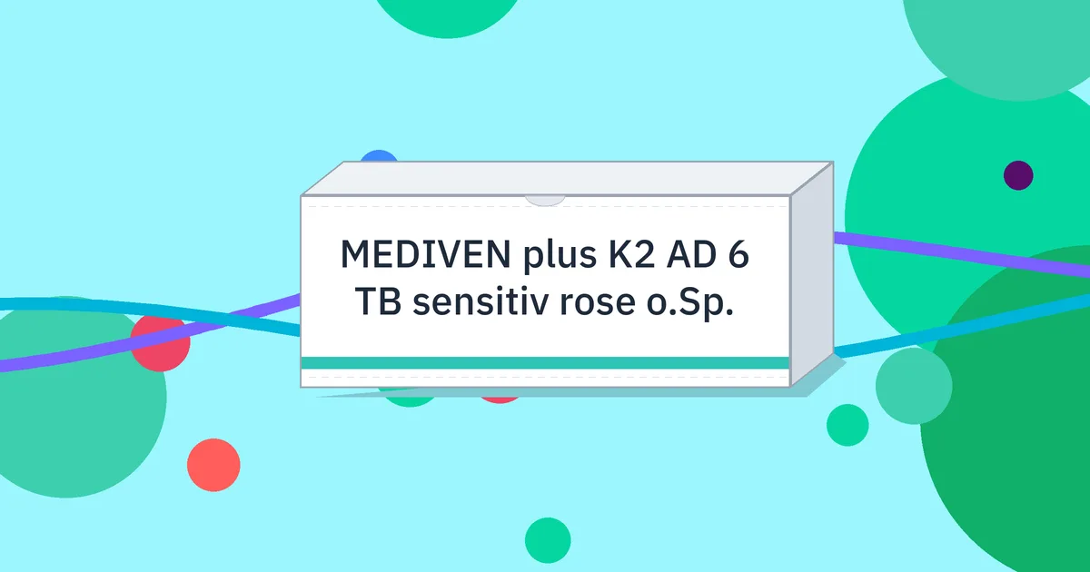 Symbolbild: Packung mit der Aufschrift MEDIVEN plus K2 AD 6 TB sensitiv rose o.Sp. (PZN 15104981) – Verfügbarkeit und Bezug in Apotheken in Frankfurt am Main
