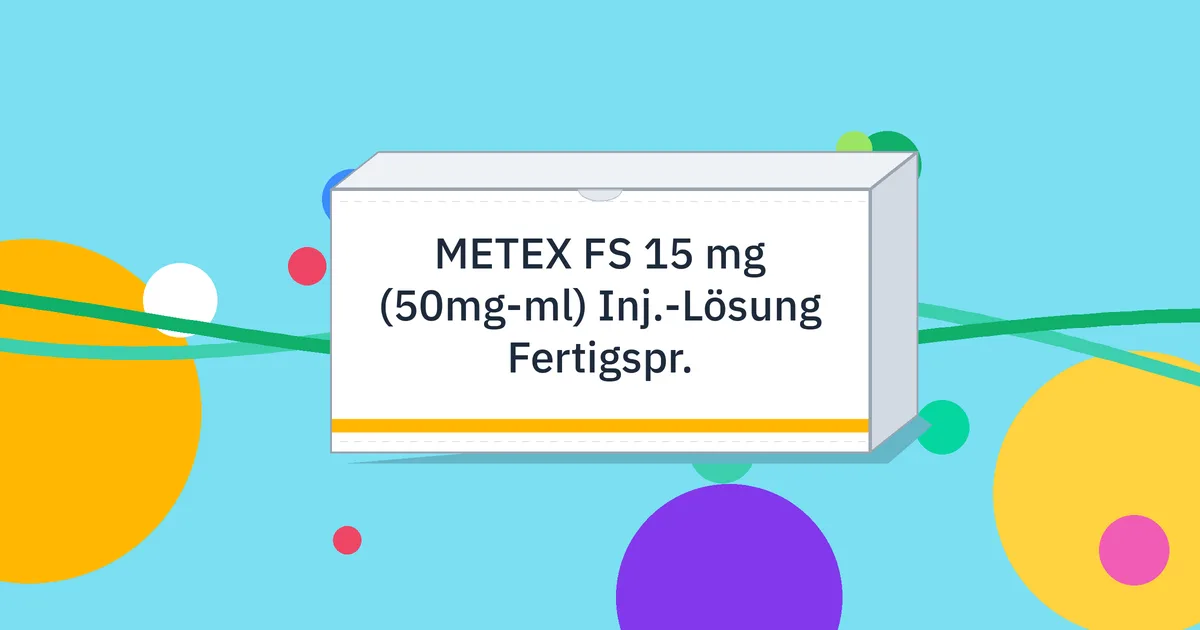 Symbolbild: Packung mit der Aufschrift METEX FS 15 mg (50mg-ml) Inj.-Lösung Fertigspr. (PZN 18502699) – Verfügbarkeit und Bezug in Apotheken in Frankfurt am Main