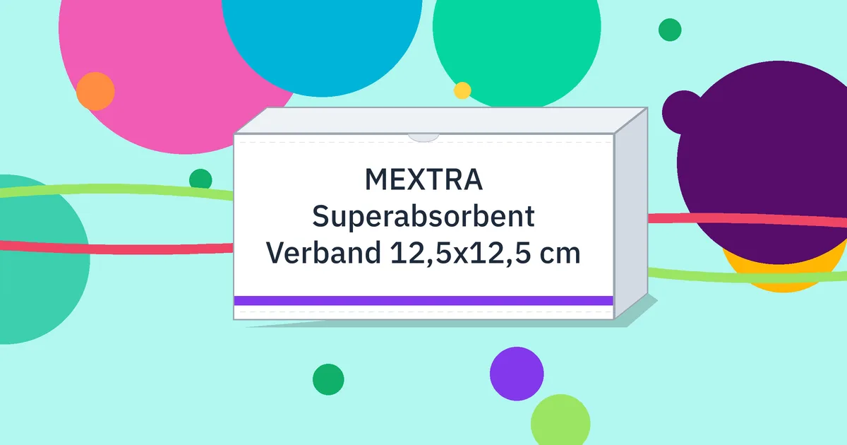 Symbolbild: Packung mit der Aufschrift MEXTRA Superabsorbent Verband 12,5x12,5 cm (PZN 17434926) – Verfügbarkeit und Bezug in Apotheken in Frankfurt am Main