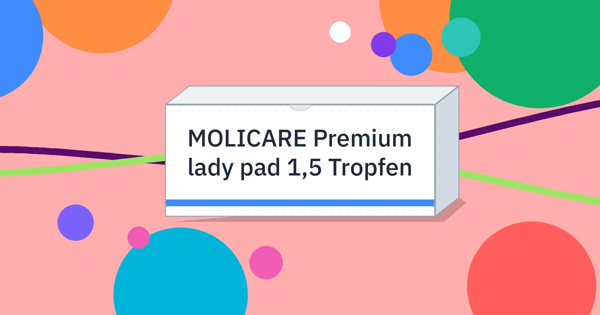 Symbolbild: Packung mit der Aufschrift MOLICARE Premium lady pad 1,5 Tropfen (PZN 15424705) – Verfügbarkeit und Bezug in Apotheken in Frankfurt am Main