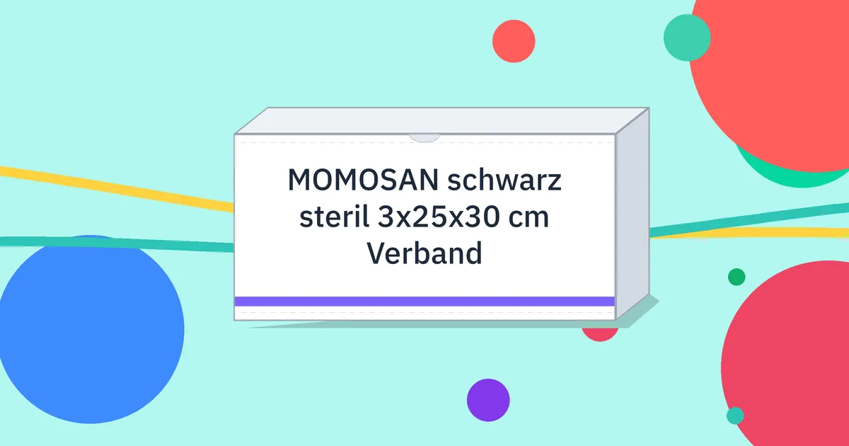 Symbolbild: Packung mit der Aufschrift MOMOSAN schwarz steril 3x25x30 cm Verband (PZN 01651863) – Verfügbarkeit und Bezug in Apotheken in Frankfurt am Main