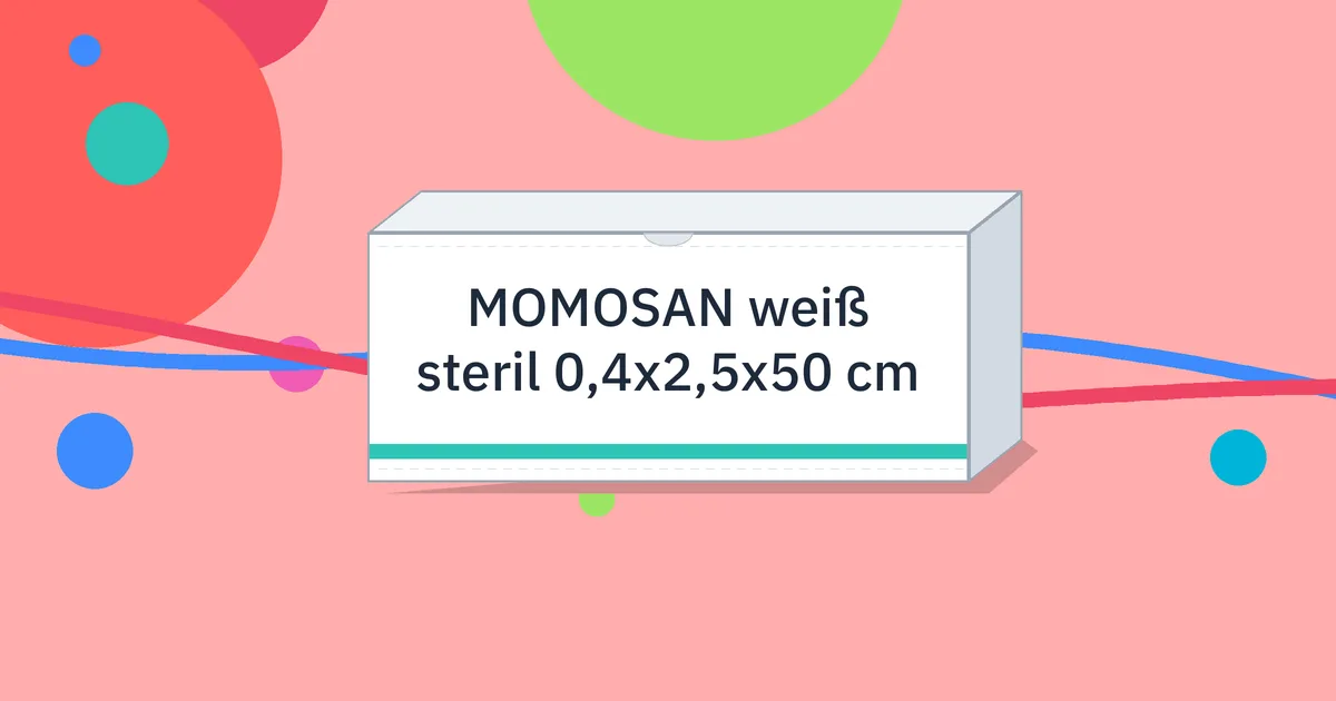 Symbolbild: Packung mit der Aufschrift MOMOSAN weiß steril 0,4x2,5x50 cm (PZN 01651662) – Verfügbarkeit und Bezug in Apotheken in Frankfurt am Main