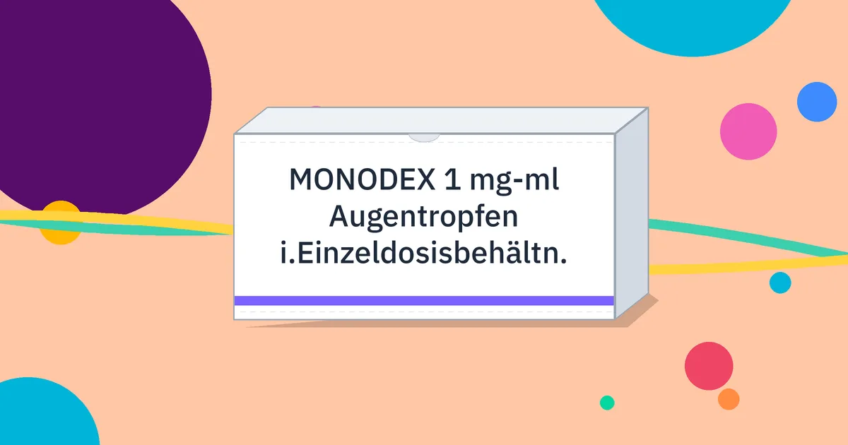 Symbolbild: Packung mit der Aufschrift MONODEX 1 mg-ml Augentropfen i.Einzeldosisbehältn. (PZN 10101587) – Verfügbarkeit und Bezug in Apotheken in Frankfurt am Main