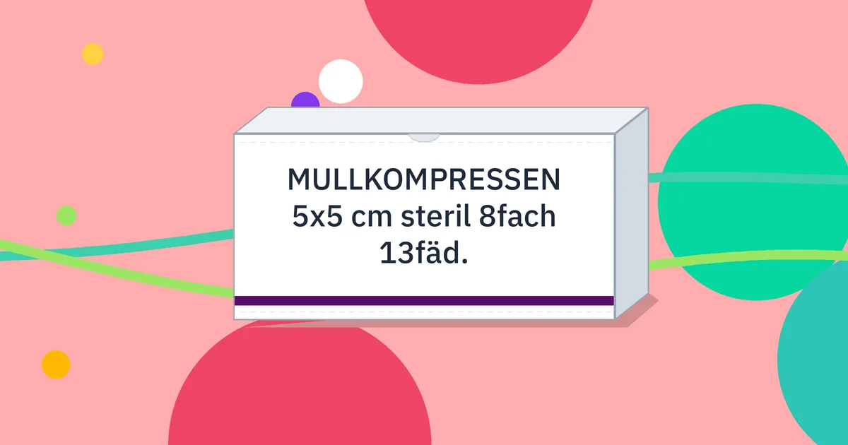 Symbolbild: Packung mit der Aufschrift MULLKOMPRESSEN 5x5 cm steril 8fach 13fäd. (PZN 06928743) – Verfügbarkeit und Bezug in Apotheken in Frankfurt am Main