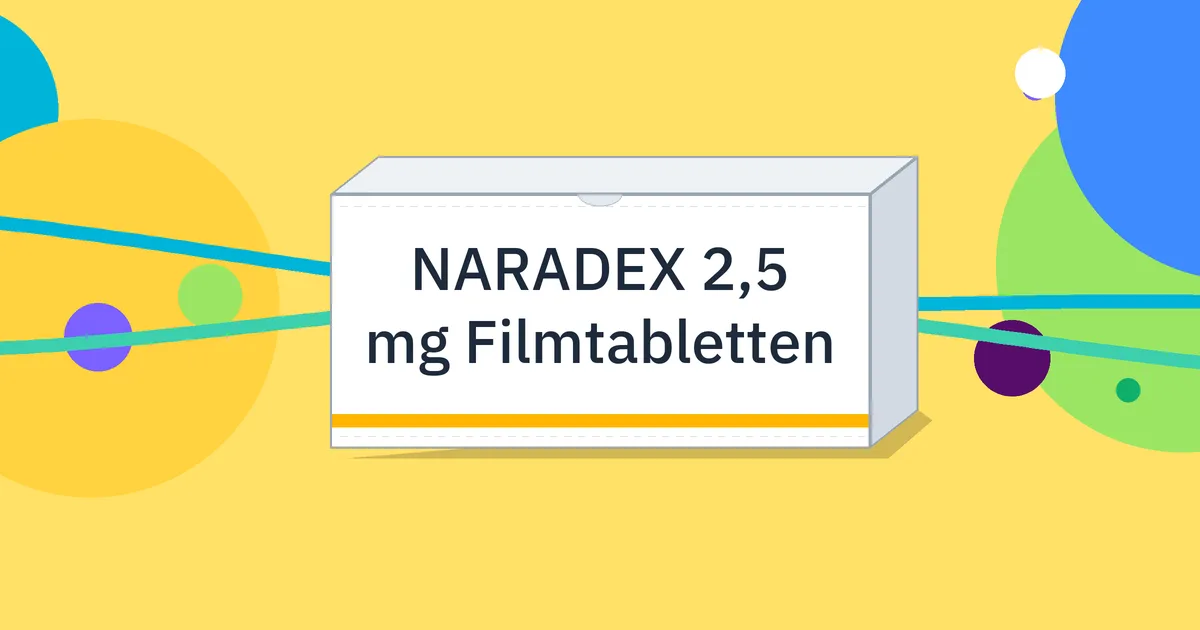 Symbolbild: Packung mit der Aufschrift NARADEX 2,5 mg Filmtabletten (PZN 11311482) – Verfügbarkeit und Bezug in Apotheken in Frankfurt am Main