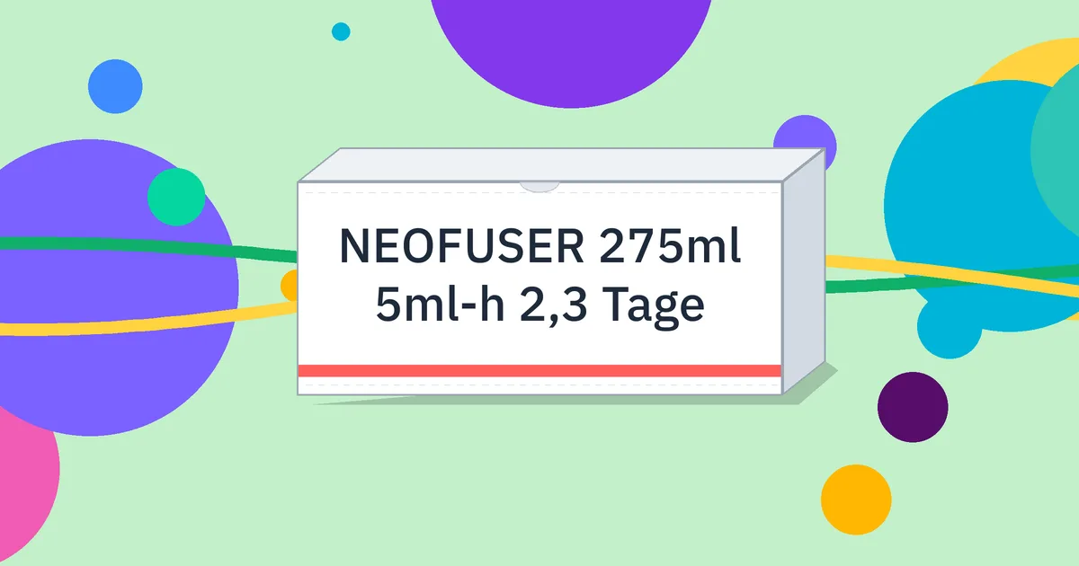 Symbolbild: Packung mit der Aufschrift NEOFUSER 275ml 5ml-h 2,3 Tage (PZN 16512222) – Verfügbarkeit und Bezug in Apotheken in Frankfurt am Main