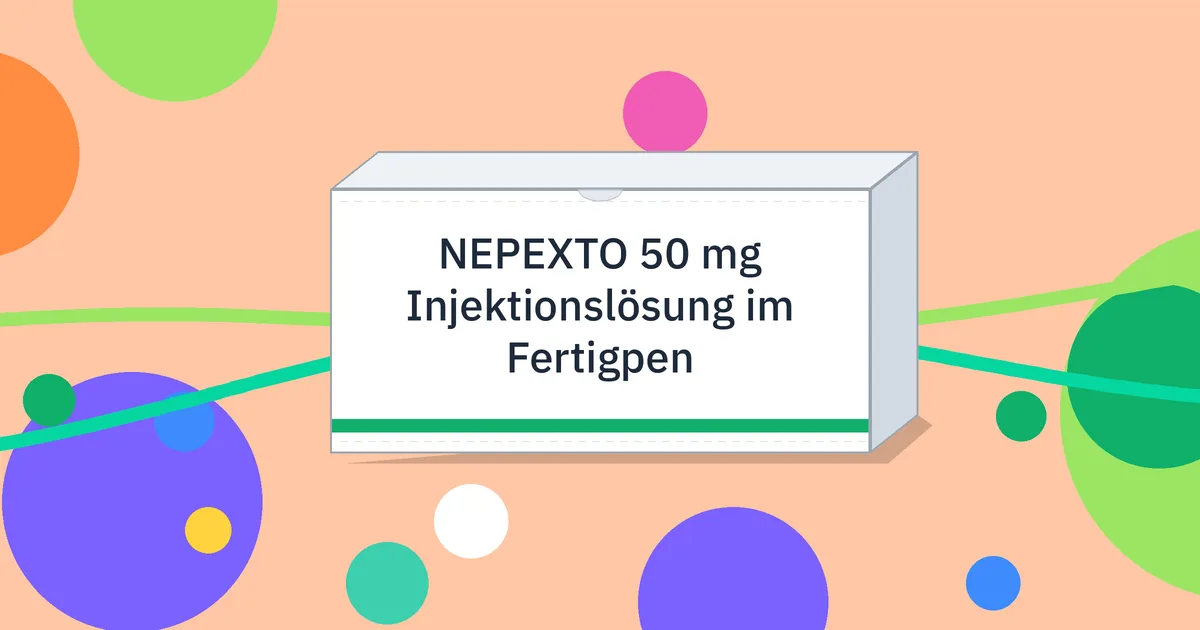 Symbolbild: Packung mit der Aufschrift NEPEXTO 50 mg Injektionslösung im Fertigpen (PZN 19519992) – Verfügbarkeit und Bezug in Apotheken in Frankfurt am Main