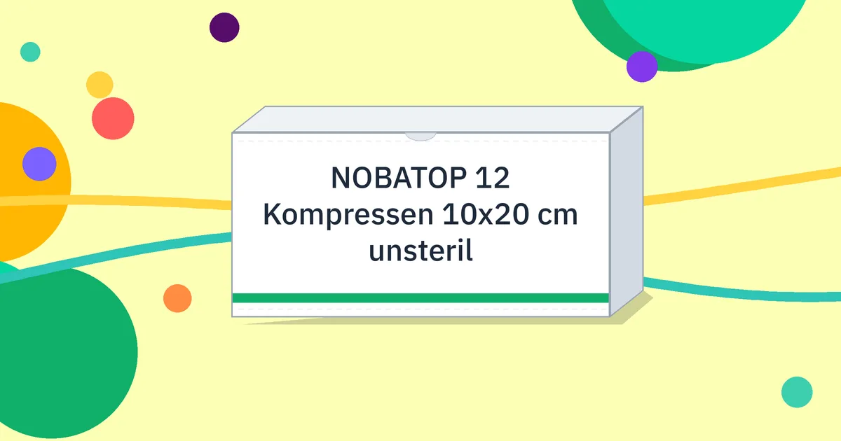 Symbolbild: Packung mit der Aufschrift NOBATOP 12 Kompressen 10x20 cm unsteril (PZN 16259680) – Verfügbarkeit und Bezug in Apotheken in Frankfurt am Main