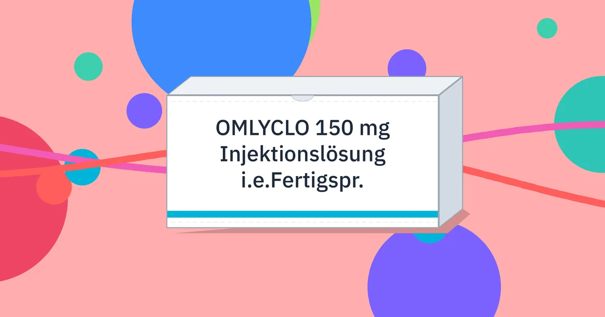 Symbolbild: Packung mit der Aufschrift OMLYCLO 150 mg Injektionslösung i.e.Fertigspr. (PZN 20204348) – Verfügbarkeit und Bezug in Apotheken in Frankfurt am Main