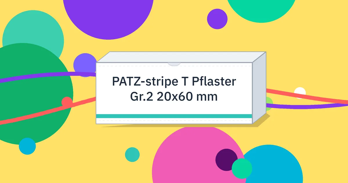 Symbolbild: Packung mit der Aufschrift PATZ-stripe T Pflaster Gr.2 20x60 mm (PZN 06813425) – Verfügbarkeit und Bezug in Apotheken in Frankfurt am Main