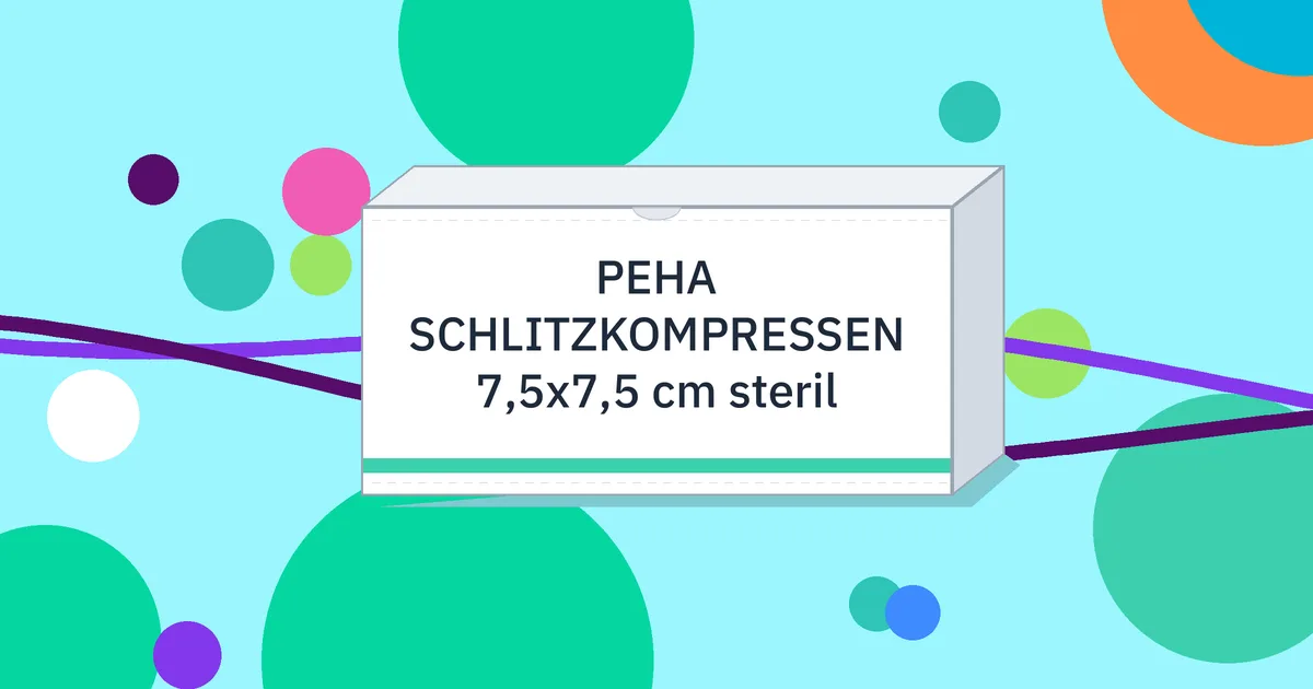 Symbolbild: Packung mit der Aufschrift PEHA SCHLITZKOMPRESSEN 7,5x7,5 cm steril (PZN 20307700) – Verfügbarkeit und Bezug in Apotheken in Frankfurt am Main