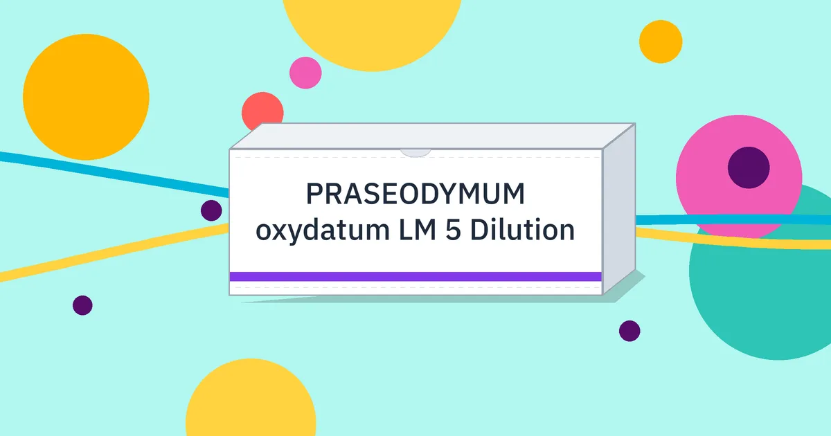 Symbolbild: Packung mit der Aufschrift PRASEODYMUM oxydatum LM 5 Dilution (PZN 13666485) – Verfügbarkeit und Bezug in Apotheken in Frankfurt am Main