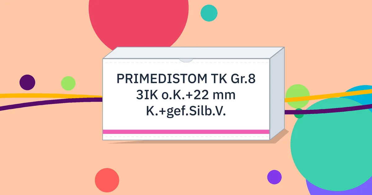 Symbolbild: Packung mit der Aufschrift PRIMEDISTOM TK Gr.8 3IK o.K.+22 mm K.+gef.Silb.V. (PZN 10262681) – Verfügbarkeit und Bezug in Apotheken in Frankfurt am Main