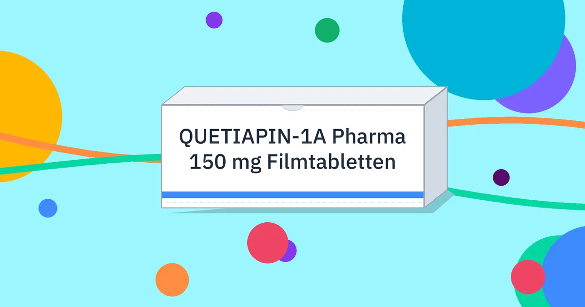 Symbolbild: Packung mit der Aufschrift QUETIAPIN-1A Pharma 150 mg Filmtabletten (PZN 09494848) – Verfügbarkeit und Bezug in Apotheken in Frankfurt am Main