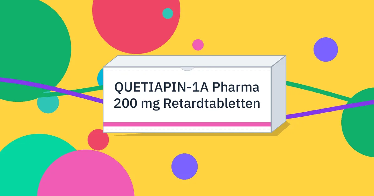 Symbolbild: Packung mit der Aufschrift QUETIAPIN-1A Pharma 200 mg Retardtabletten (PZN 09947155) – Verfügbarkeit und Bezug in Apotheken in Frankfurt am Main