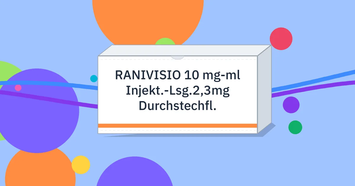 Symbolbild: Packung mit der Aufschrift RANIVISIO 10 mg-ml Injekt.-Lsg.2,3mg Durchstechfl. (PZN 18439529) – Verfügbarkeit und Bezug in Apotheken in Frankfurt am Main