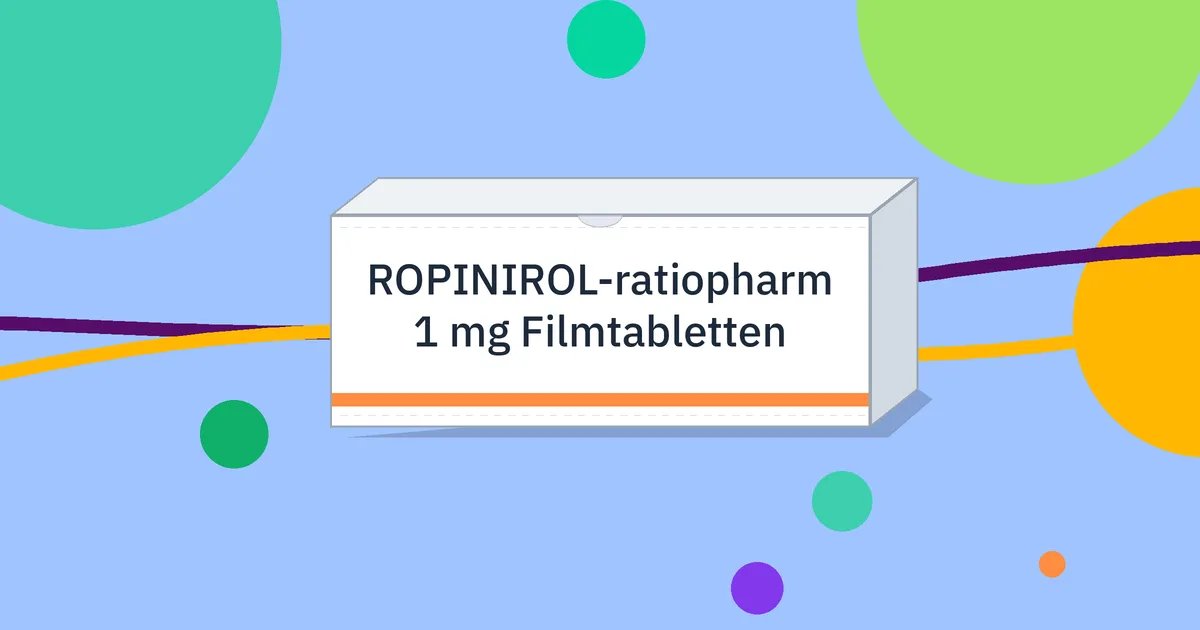 Symbolbild: Packung mit der Aufschrift ROPINIROL-ratiopharm 1 mg Filmtabletten (PZN 03391739) – Verfügbarkeit und Bezug in Apotheken in Frankfurt am Main