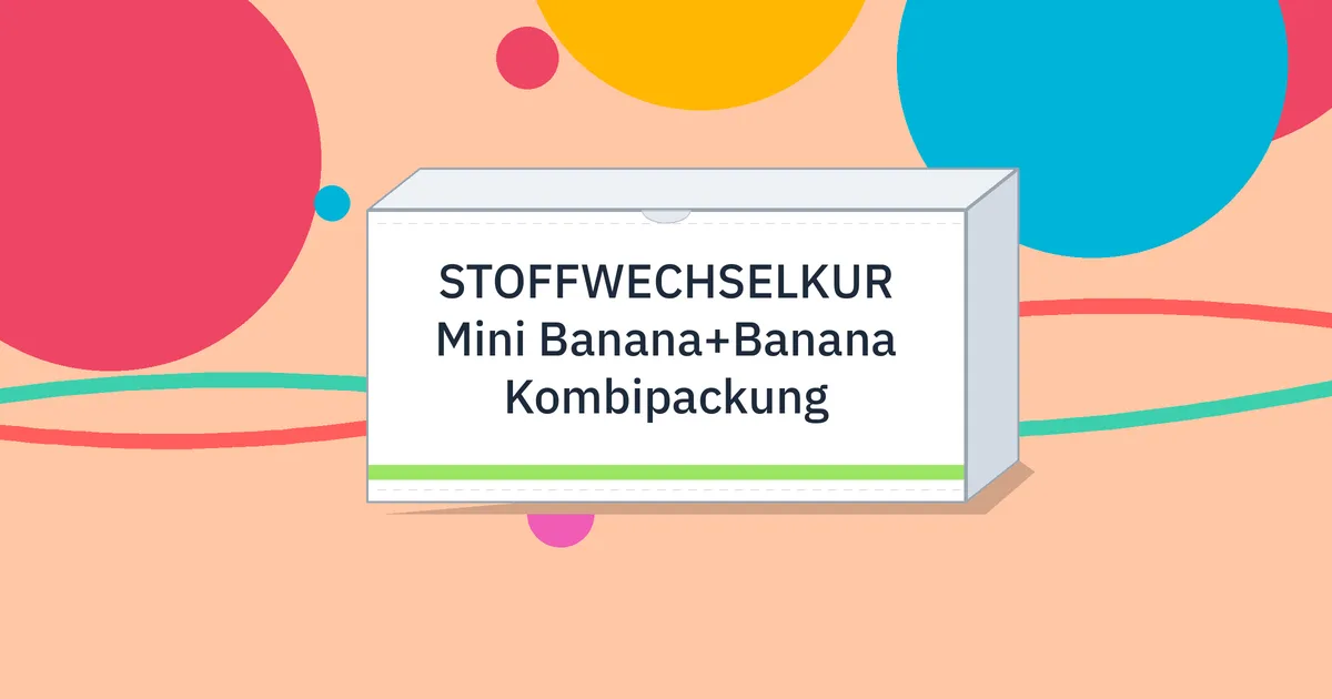 Symbolbild: Packung mit der Aufschrift STOFFWECHSELKUR Mini Banana+Banana Kombipackung (PZN 14044610) – Verfügbarkeit und Bezug in Apotheken in Frankfurt am Main