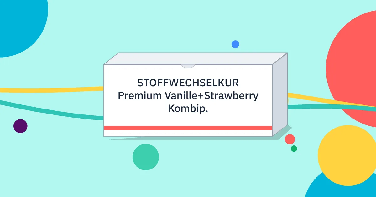 Symbolbild: Packung mit der Aufschrift STOFFWECHSELKUR Premium Vanille+Strawberry Kombip. (PZN 14044308) – Verfügbarkeit und Bezug in Apotheken in Frankfurt am Main