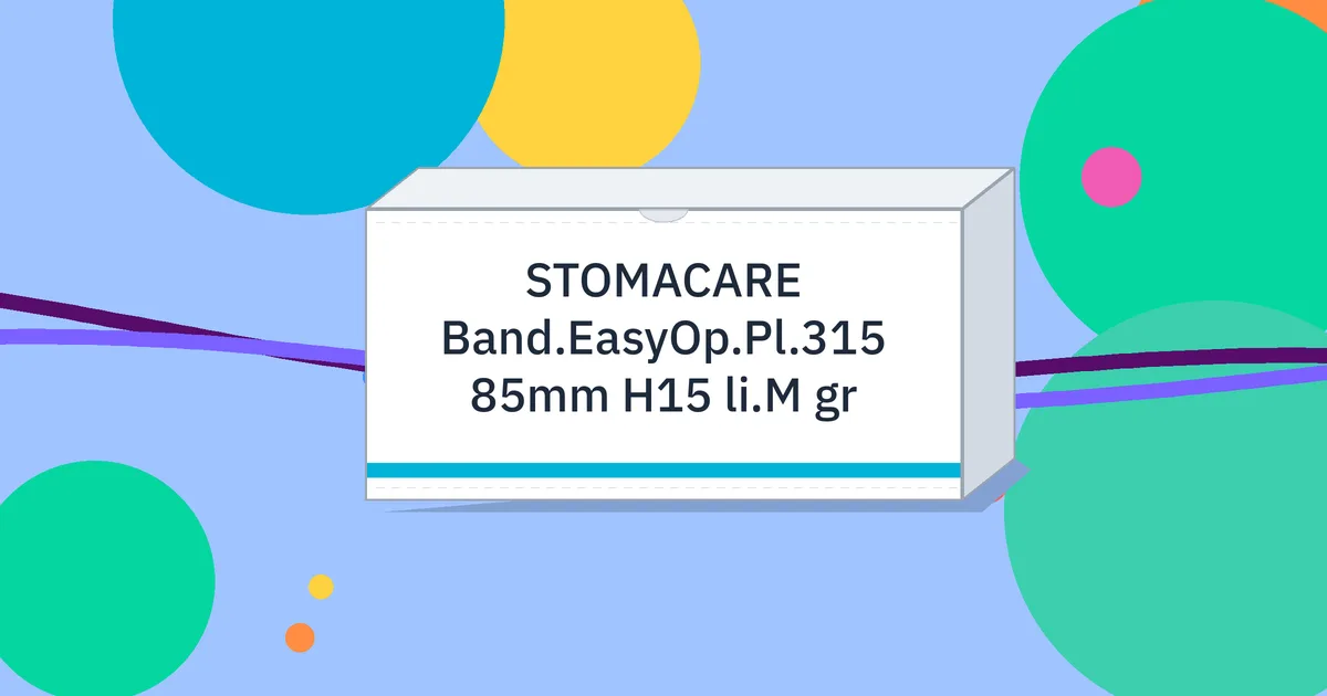 Symbolbild: Packung mit der Aufschrift STOMACARE Band.EasyOp.Pl.315 85mm H15 li.M gr (PZN 17905745) – Verfügbarkeit und Bezug in Apotheken in Frankfurt am Main