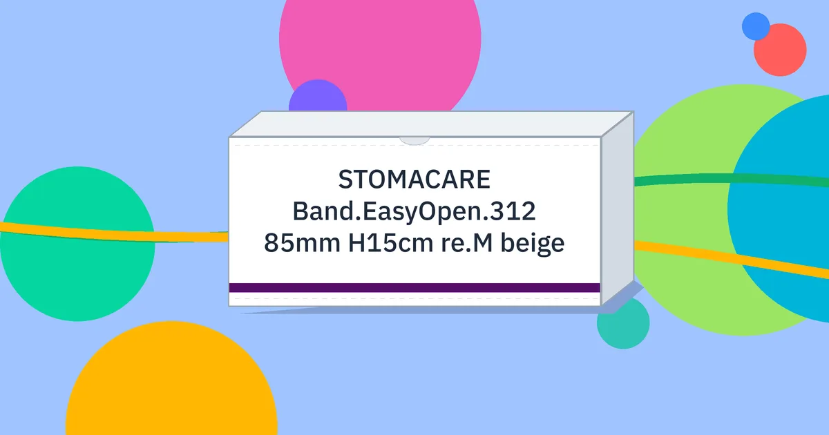 Symbolbild: Packung mit der Aufschrift STOMACARE Band.EasyOpen.312 85mm H15cm re.M beige (PZN 09437939) – Verfügbarkeit und Bezug in Apotheken in Frankfurt am Main