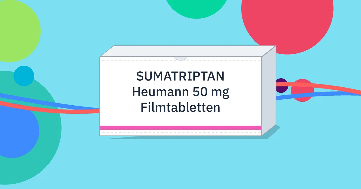 Symbolbild: Packung mit der Aufschrift SUMATRIPTAN Heumann 50 mg Filmtabletten (PZN 17438516) – Verfügbarkeit und Bezug in Apotheken in Frankfurt am Main